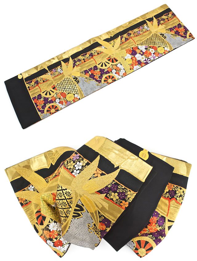 袋帯 振袖用 未仕立て 黒 金 竹 菊 花 伊豆蔵(いづくら)織物 袋帯 振袖用 未仕立て 黒 金 竹 菊 花 伊豆蔵(いづくら)織物