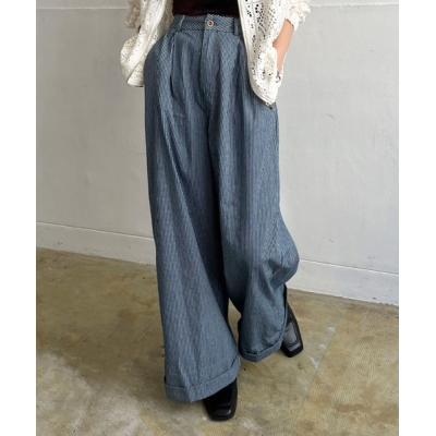 ヒッコリーストライプワイドパンツ(レディースファッション)の ヒッコリーストライプワイドパンツ(レディースファッション)の
