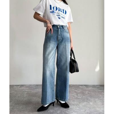 センタープレスデニムワイドパンツ(レディースジーンズ、デニム センタープレスデニムワイドパンツ(レディースジーンズ、デニム