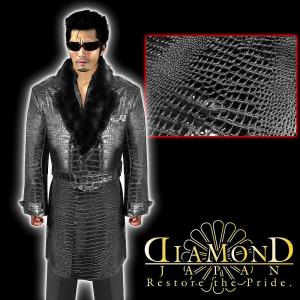 ポイント10倍 クロコ柄PUロングコート ファー付き ブラック 服