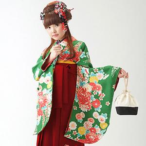 中古品)卒業式袴セット 「二尺袖：緑 菊と藤の花+袴：金茶×菊 刺繍