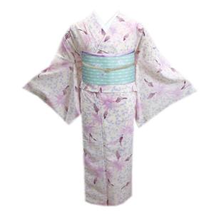 着物 洗える 紗 夏用 小紋 と 絽軽装帯 付け帯 2点セット 薄紫色地可憐