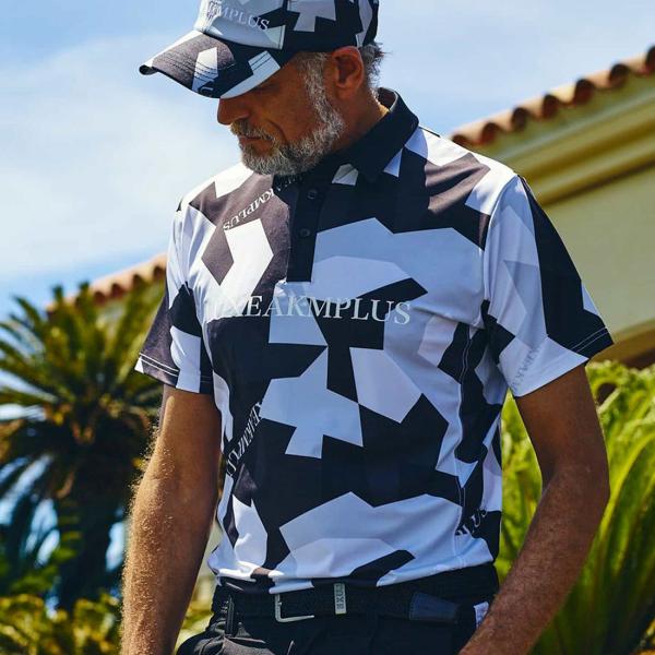 型番：LAH-23001ブランド：リュクスエイケイエムプラス商品名：LUXEAKMPLUS(リュクスエイケイエムプラス)ゴルフ フロントロゴ半袖ポロシャツカラー：ホワイトカモ/ブラック/ホワイト/ネイビー