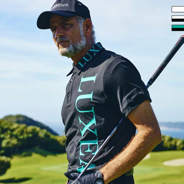 型番：LAH-23005ブランド：リュクスエイケイエムプラス商品名：LUXEAKMPLUS(リュクスエイケイエムプラス) ゴルフ バーチカルロゴ半袖ポロシャツカラー：ブラック×ブルー/ホワイト/ブラック×ホワイト