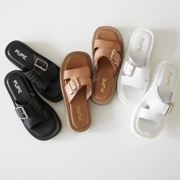 型番：PUPE-23MH546-Aブランド：シュークローゼットセレクト商品名：PUPE（プーペ） / ベルトデザイン 厚底フラットサンダル 23MH546 ボリュームソールカラー：ブラック/ホワイト/ブラウン