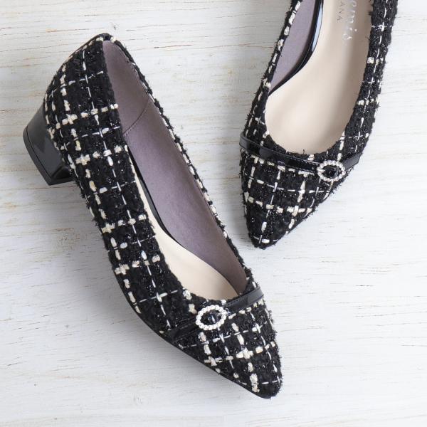 型番：MP43724ブランド：アルテミス by ダイアナ商品名：ツイード素材ローヒールパンプス《雑誌掲載商品》カラー：ブラック(BKF*)/ピンク(PKF*)/ブルー(LUF*)