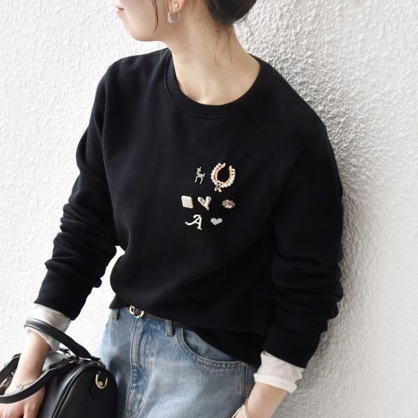 型番：722060014ブランド：シップス エニィ商品名：SHIPS any:〈手洗い可能〉裏起毛 ビジュー クルーネック コンパクト プルオーバーカラー：オフホワイト/ライトグレー/ブラック/ネイビー