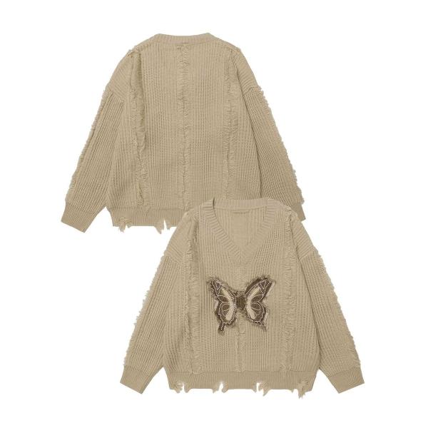 型番：ven8772aブランド：フック商品名：【HOOK】for　girls 　バタフライパッチ刺繍ダメージニットカラー：ベージュ/ブラウン