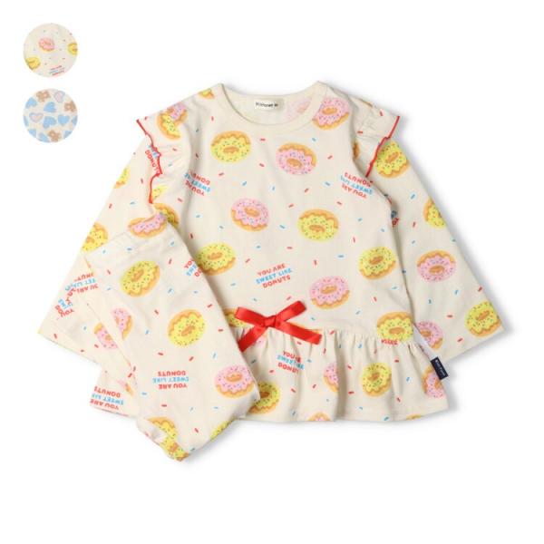 型番：B25725ブランド：キッズフォーレ商品名：ドーナツ・ハートくま総柄長袖パジャマカラー：アイボリー/サックス