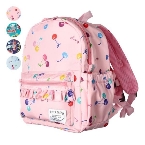 型番：B35602ブランド：キッズフォーレ商品名：さくらんぼ・働く車総柄リュックカラー：ピンク/グリーン/ネイビー/サックス