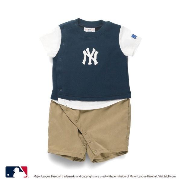 型番：01-5539-517ブランド：ブランシェス商品名：【MLB/Major League Baseball】サガラワッペン半袖カバーオールカラー：生成/ベージュ/ネイビーブルー