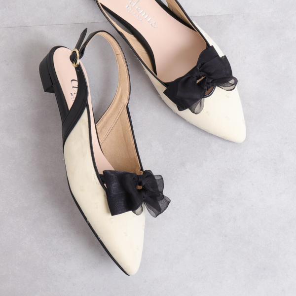 型番：AJ41710ブランド：アルテミス by ダイアナ商品名：ダブルリボン　シフォンジョーゼットバックストラップパンプスカラー：ブラック(BKF*)/ホワイト(IVF*)/ピンク(PKF*)