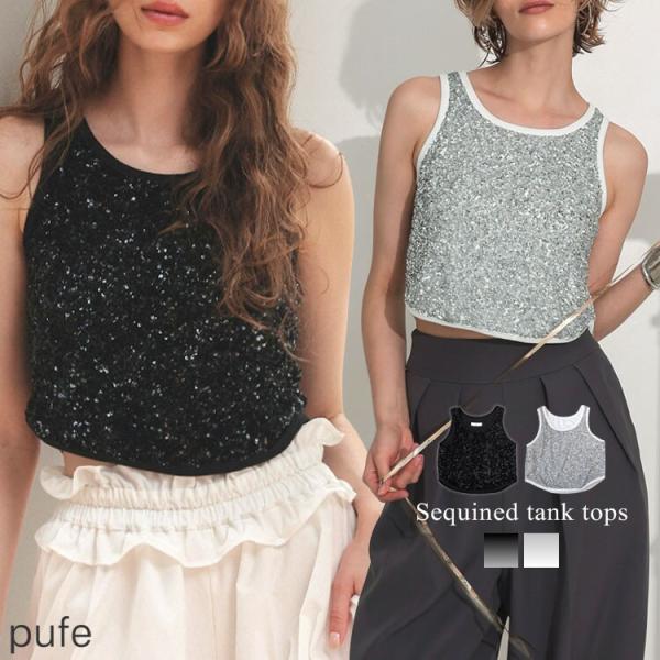 型番：dgf506tk584728ブランド：ドノバン商品名：【pufe】スパンコールタンクトップカラー：ブラック/シルバー