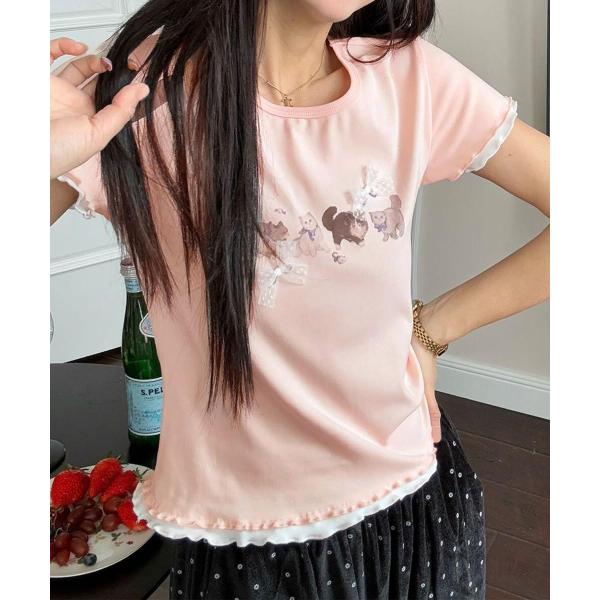 型番：mji25110aブランド：アイモハ商品名：フロントリボンキャットレイヤード風Tシャツカラー：ホワイト/モカ/ブルー/ピンク/杢グレー