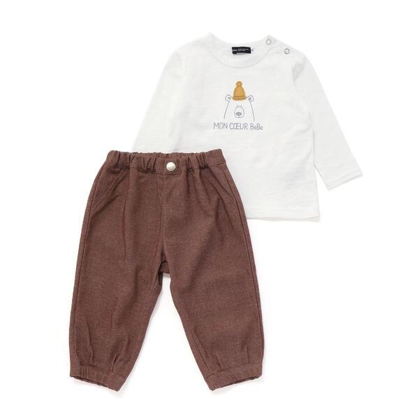 型番：1122-75053ブランド：ベベ商品名：Oursプリント長袖Tシャツ+ストレッチデニムジョガーパンツ 2点セット(80~100cm)カラー：ネイビー/ブラウン