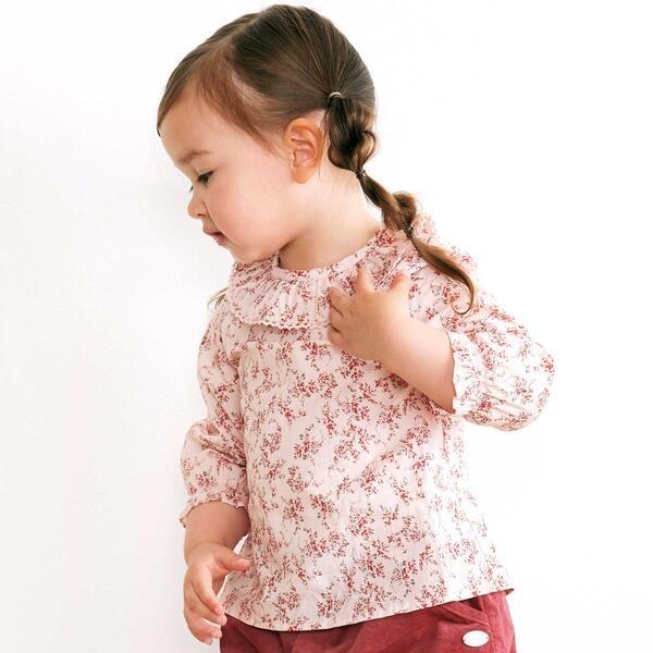 型番：1126-75002ブランド：ベベ商品名：【お揃い】コットンローンフラワープリントフリル襟長袖ブラウス(90~100cm)カラー：ピンク系/イエロー系