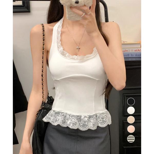 型番：98CHUNC-002ブランド：ミニミニストア商品名：裾フリルレースホルターネックタンクトップカラー：ブラック/ピンク/ホワイト/ボーダー/ベージュ