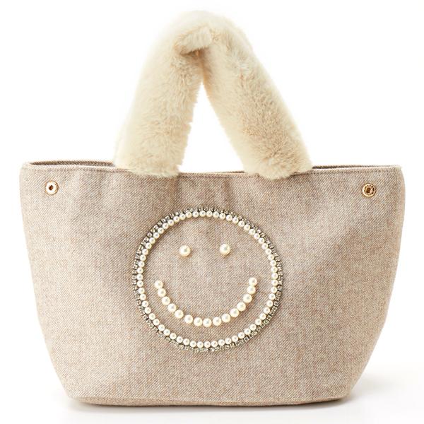 型番：25531-11702ブランド：クーコ商品名：【COOCO クーコ】SMILEY パール刺繍xエコファーハンドル トートバッグカラー：ベージュ/ピンク/グリーン/グレー