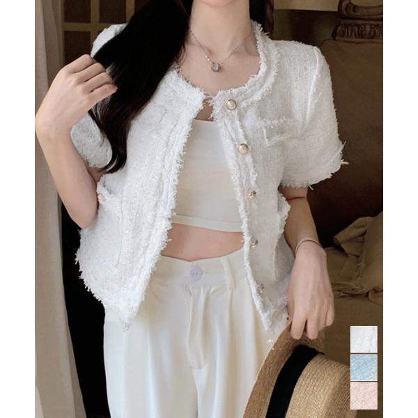 型番：87GUJI-002ブランド：ミニミニストア商品名：半袖ツイード風ジャケット レディース夏服カラー：ブルー/ピンク/ホワイト