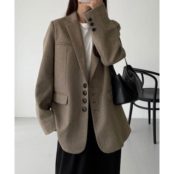型番：frca034-497ブランド：カラウティア商品名：callautia　ボタンデザインヘリンボーンテーラードジャケットカラー：グレー/ライトブラウン