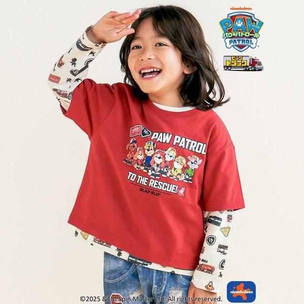型番：1802-76206ブランド：スラップスリップ商品名：【パウ・パトロール×SLAPSLIP】ビッグトラックプリント半袖Tシャツ+総柄プリント長袖Tシャツ2カラー：レッド+ホワイト系/イエロー+オフホワイト系
