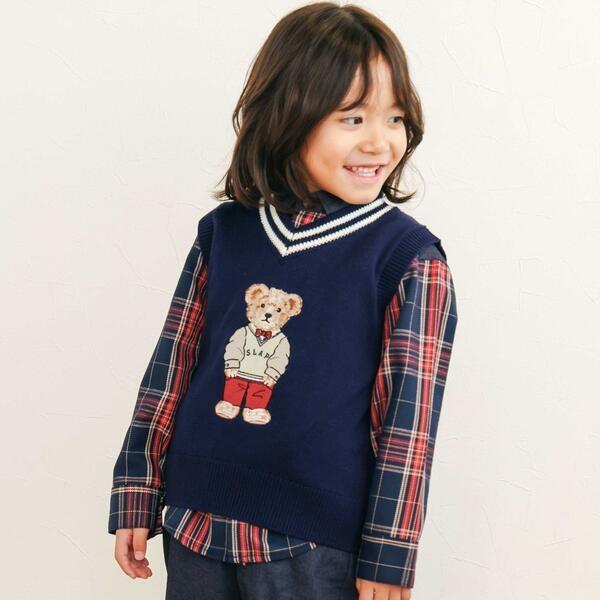 型番：1813-76039ブランド：スラップスリップ商品名：クマ刺しゅうラインリブニットベスト(80~130cm)カラー：オフホワイト/ネイビー