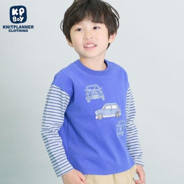 型番：2143253ブランド：ケーピー商品名：KPBOY 車モチーフの袖ボーダー長袖Ｔシャツ(80〜140)カラー：ブルー/シロ杢