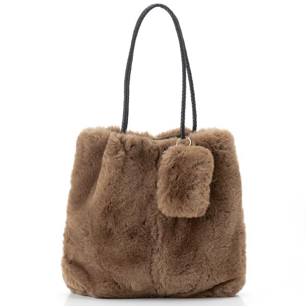 型番：C8725ブランド：カシェリエ商品名：F/FUR x MESH HANDLE TOTE(ポーチ付）カラー：グレージュ/ベージュ