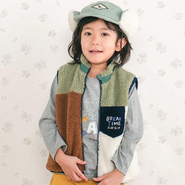 型番：1813-77041ブランド：スラップスリップ商品名：胸刺しゅうバイカラーリバーシブルボアベスト(80~130cm)カラー：ピンク/グリーン/ベージュ