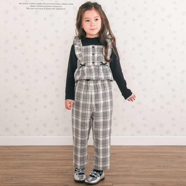 型番：1802-77016ブランド：スラップスリップ商品名：【お揃い】ヘリンボーンチェックフリルビスチェ+パンツセットアップ(80~130cm)カラー：ベージュ/グレー系(チェック)