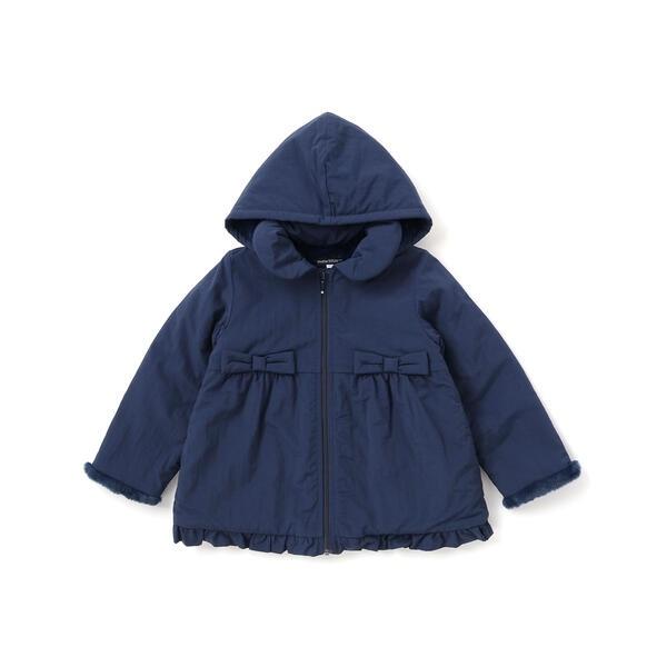 型番：1104-78113ブランド：ベベ商品名：【撥水加工】ヴィンテージタフタ裏ファー裾フリルフードブルゾン(80~150cm)カラー：ネイビー/ピンク