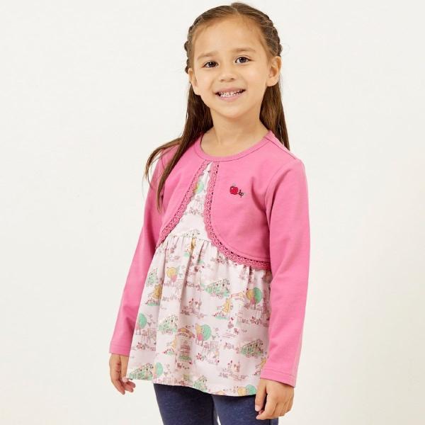 型番：2153206ブランド：ケーピー商品名：秋の街並柄 カーディガンレイヤード風チュニックカラー：ピンク/紺