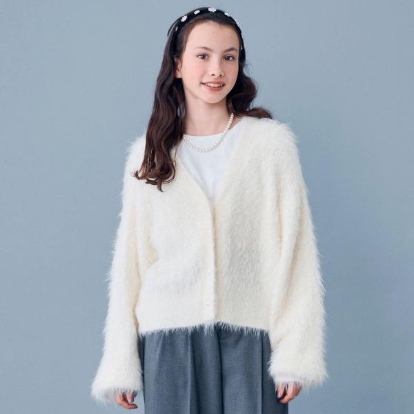 型番：4853207ブランド：ポンポネットジュニア商品名：【AMI】シャギーニットカーデ×ロンTセットカラー：アイボリー/ライト　グリーン