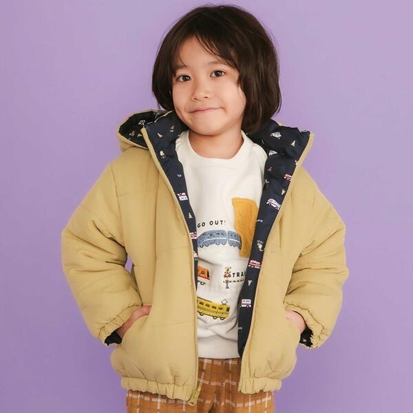 型番：1804-78053ブランド：スラップスリップ商品名：無地プリント柄リバーシブルコート(80~130cm)カラー：ピンク×オフホワイト系/イエロー×ネイビー系/パープル×パープル系/グリーン×ベージュ系