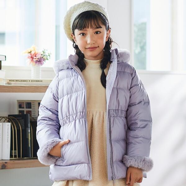 型番：1104-79079ブランド：ベベ商品名：【撥水加工】シャイニータフタウエスト切り替えシャギーファーフードダウンコート(90~150cm)カラー：ピンク/パープル