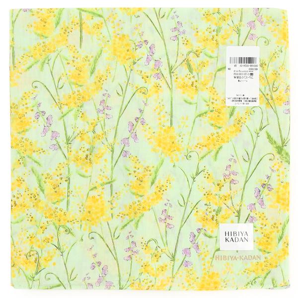 型番：0001880024ブランド：ブルーミング商品名：ヒビヤカダン　プリントハンカチ　ミモザとスイトピー　【日比谷花壇　HIBIYA-KADAN】カラー：グリーン/アイボリー/ネイビー