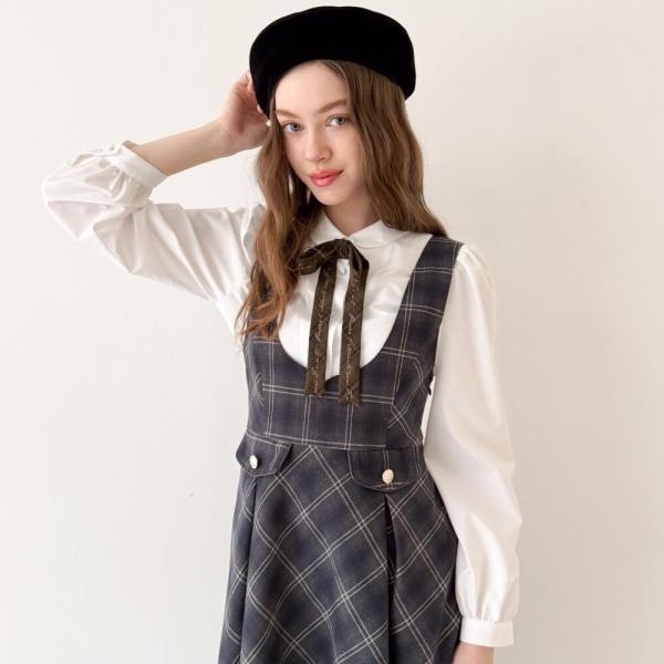 型番：56AF02j009ブランド：フィント商品名：チェックロゴリボンタイ付きブラウス【洗える】カラー：OFF×GR/BEIGE×RE