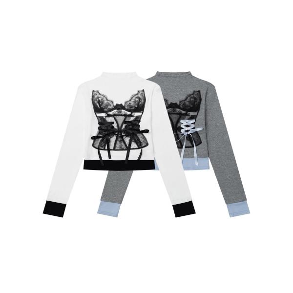 型番：ven6224aブランド：フック商品名：【HOOK】for girls コルセット風レースアップトップスカラー：ホワイト/グレー