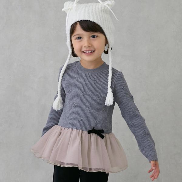 型番：9654228ブランド：プティマイン商品名：【フワもちっと】ニットペプラムチュールチュニックカラー：チャコール/アイボリー/ピンク