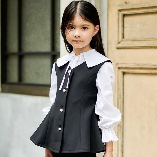 型番：1113-80510ブランド：ベベ商品名：ダブルクロスパールボタンフレアベスト(110~160cm)カラー：ブラック/ネイビー