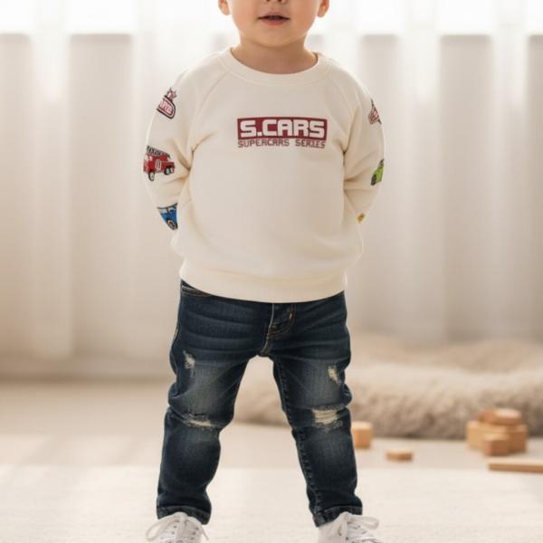 型番：BM254TP550ブランド：ディフィット商品名：車プリント 裏起毛ラグラントレーナーカラー：BLUE/IVORY