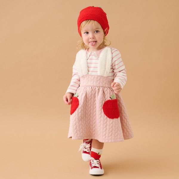 型番：1554301ブランド：センスオブワンダー商品名：りんごポケットジャンパースカートカラー：ピンク/ECRU(キナリ)/紺