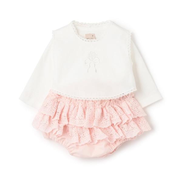 型番：9661523ブランド：プティマイン商品名：ベストつきロンパース＋フリパンセットカラー：ライト　ピンク/オフ　ホワイト