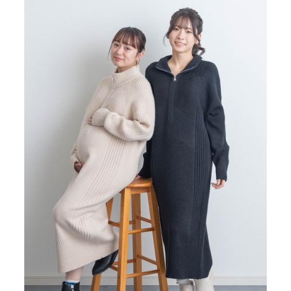 型番：TK-25067ブランド：スウィートマミー商品名：ハーフジップ リブライン ニットワンピース　[マタニティ 産前産後 授乳]カラー：ブラック