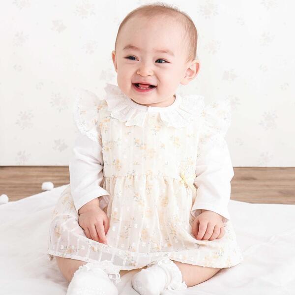 型番：1822-81046ブランド：スラップスリップ ベビー商品名：花柄シフォンレースワンピース+フリルブルマセットアップベビー(70~80cm)カラー：ピンク/イエロー