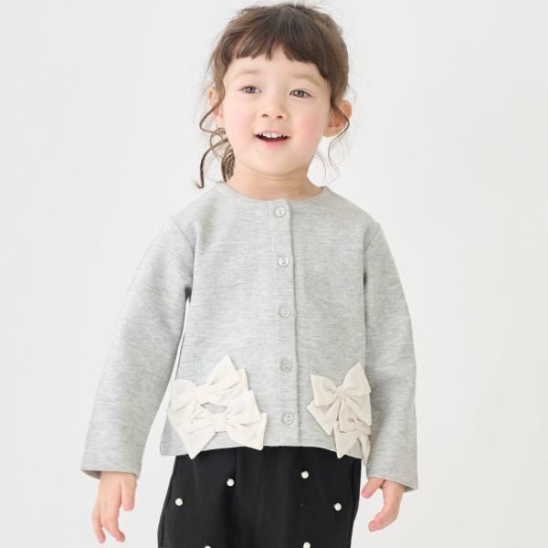 型番：9661210ブランド：プティマイン商品名：【リンク】リボンカーディガンカラー：トップ　グレー/チェリー　ピンク/薄ベージュ