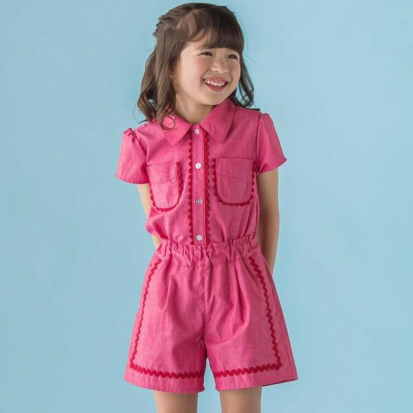 型番：1202-82016ブランド：ベベ プチ ポワ ヴェール商品名：【店舗限定】ダンガリーブラウス＋ショートパンツセットアップ(95〜150cm)カラー：レッド/ブルー