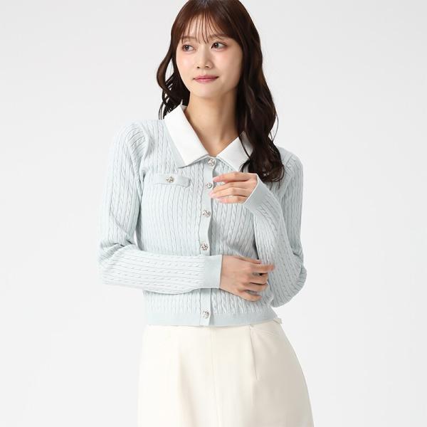 型番：MM618401ブランド：ミッシュマッシュ商品名：2026春夏新作 ダブル衿ケーブルカーディガンカラー：グリーン/ホワイト