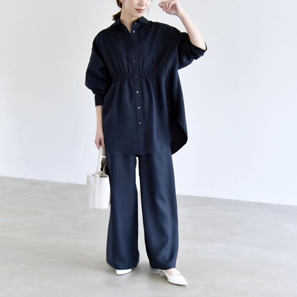 型番：614510034ブランド：カランシエル商品名：quaranciel:〈洗濯機可能〉ギャザー シャツ ＆ イージー パンツ セットアップカラー：チャコールグレー/ネイビー