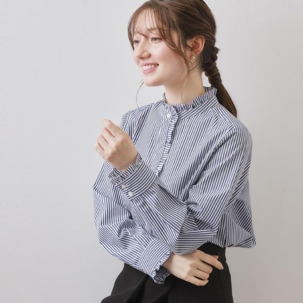 型番：C5885010ブランド：インデックス商品名：ブロードフロントフリルブラウス【洗濯機OK】《5col》カラー：オフホワイト（００３）/サックスブルー（０９０）/ネイビー（３９４）/サックスブルー（８９０）/ネイビー（８９４）